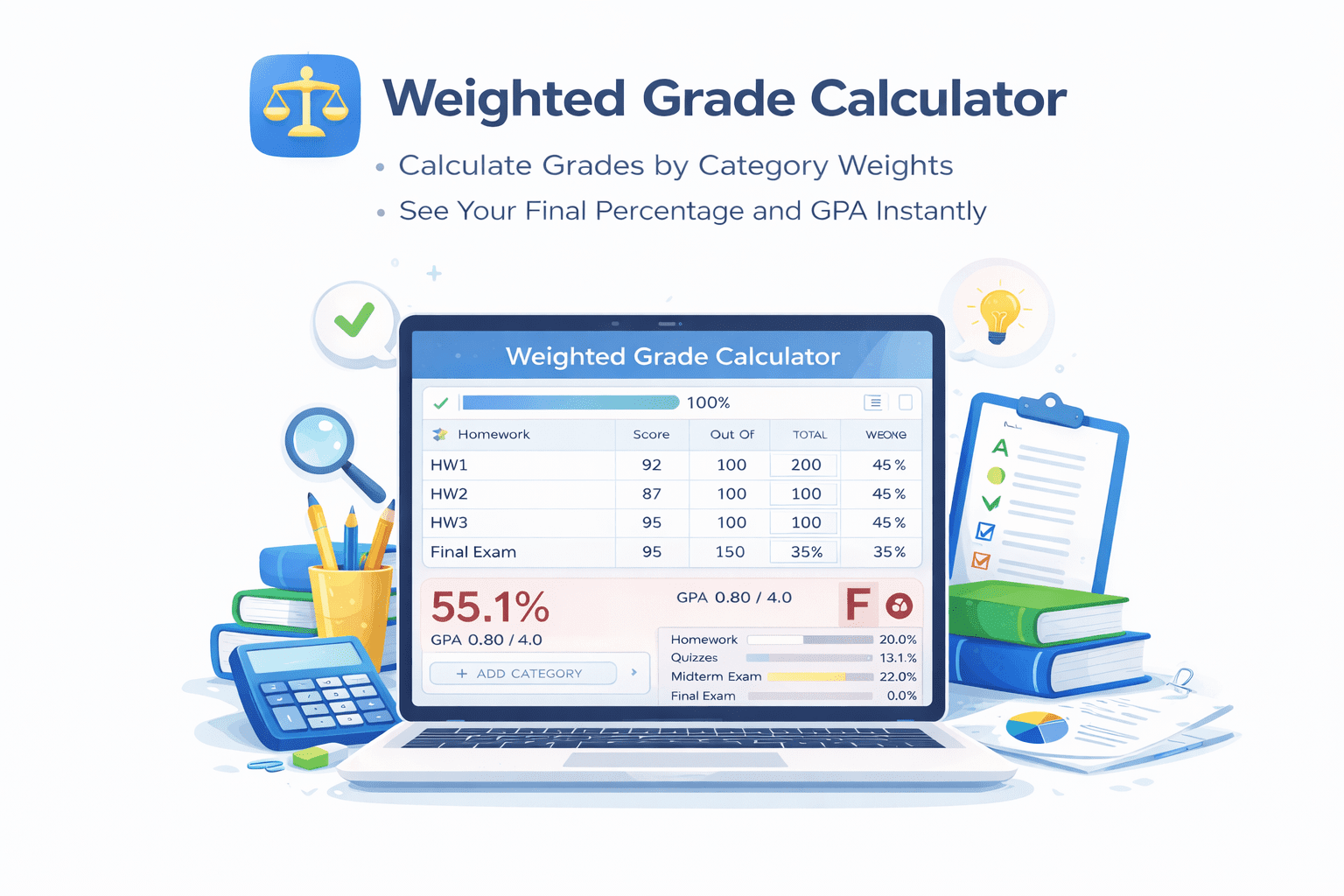 Weighted Grade Calculator for Courses, Exams and Assignments